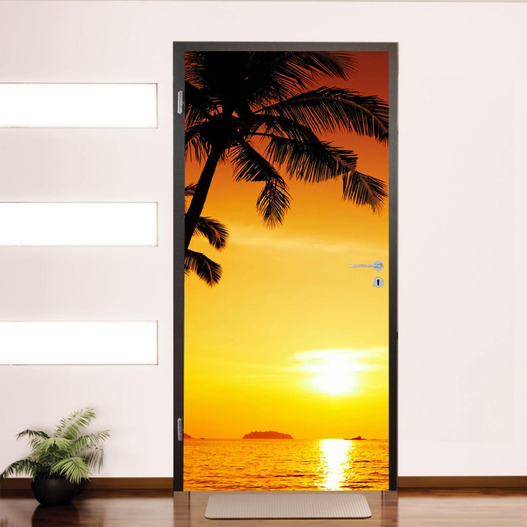 Tropical Sunset Door Mural Palm Tree Beach Vinyl Decal – Custom Size ...