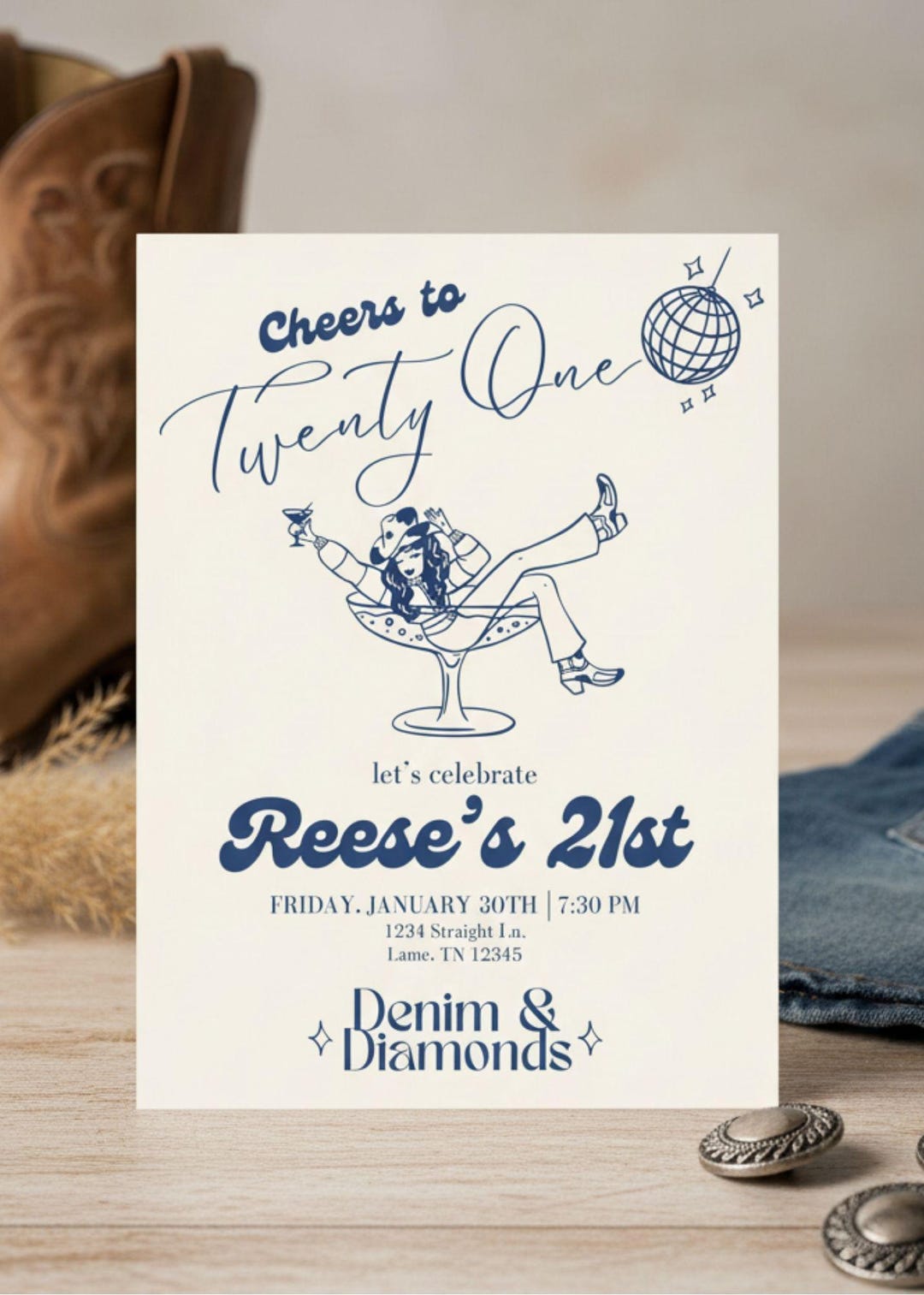 Trendy Cheers to Twenty One Invitation | Western Cowgirl Disco Party ...