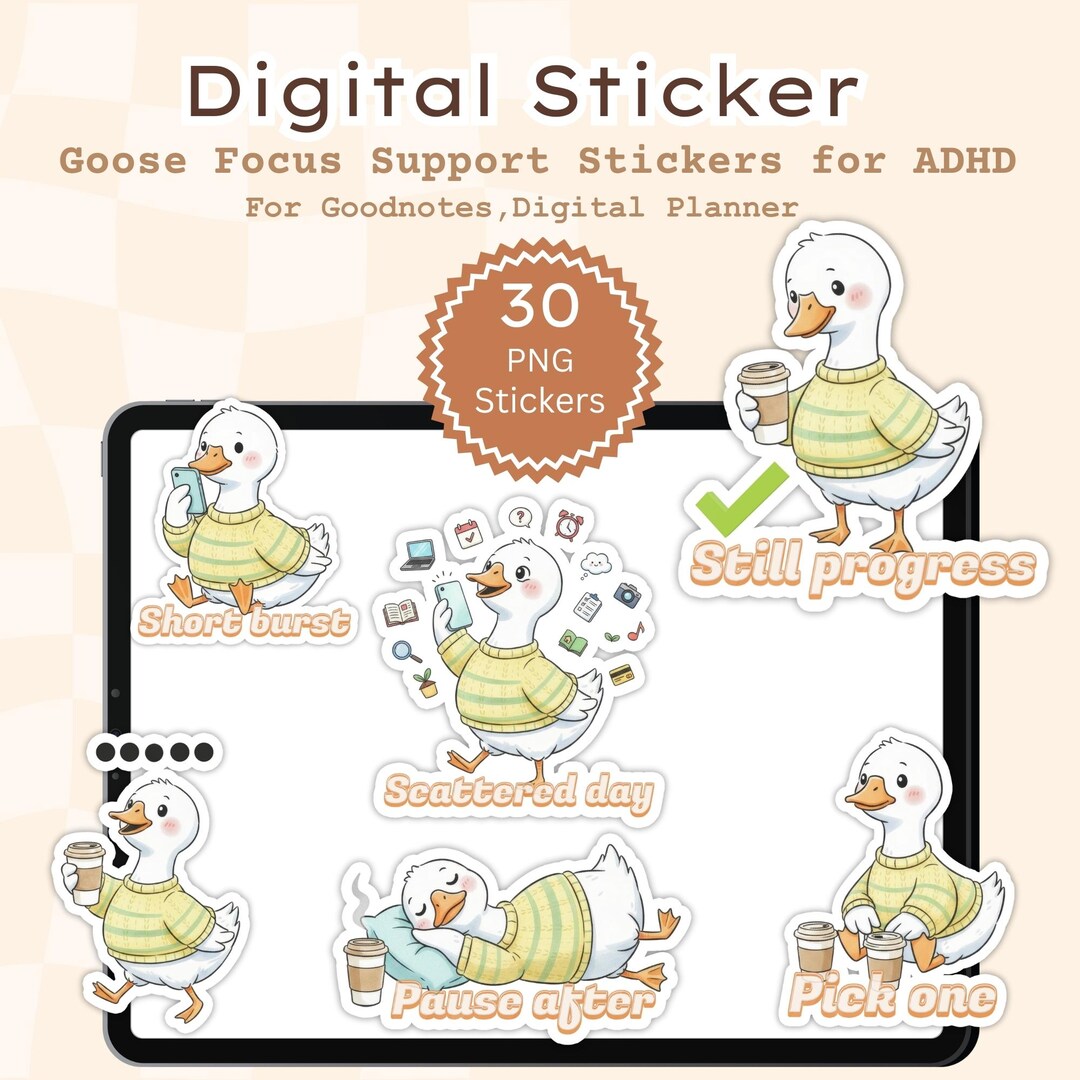 Goose Focus Support PNG Digital Stickers, ADHD Planner Icons, A4 ...