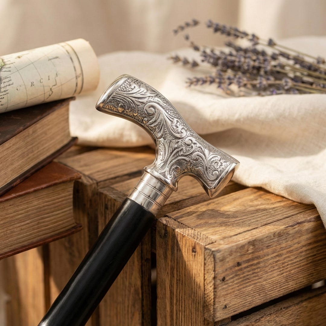 Engraved Wooden Walking Cane | Silver Brass Handle, Gentleman's Cane - Etsy