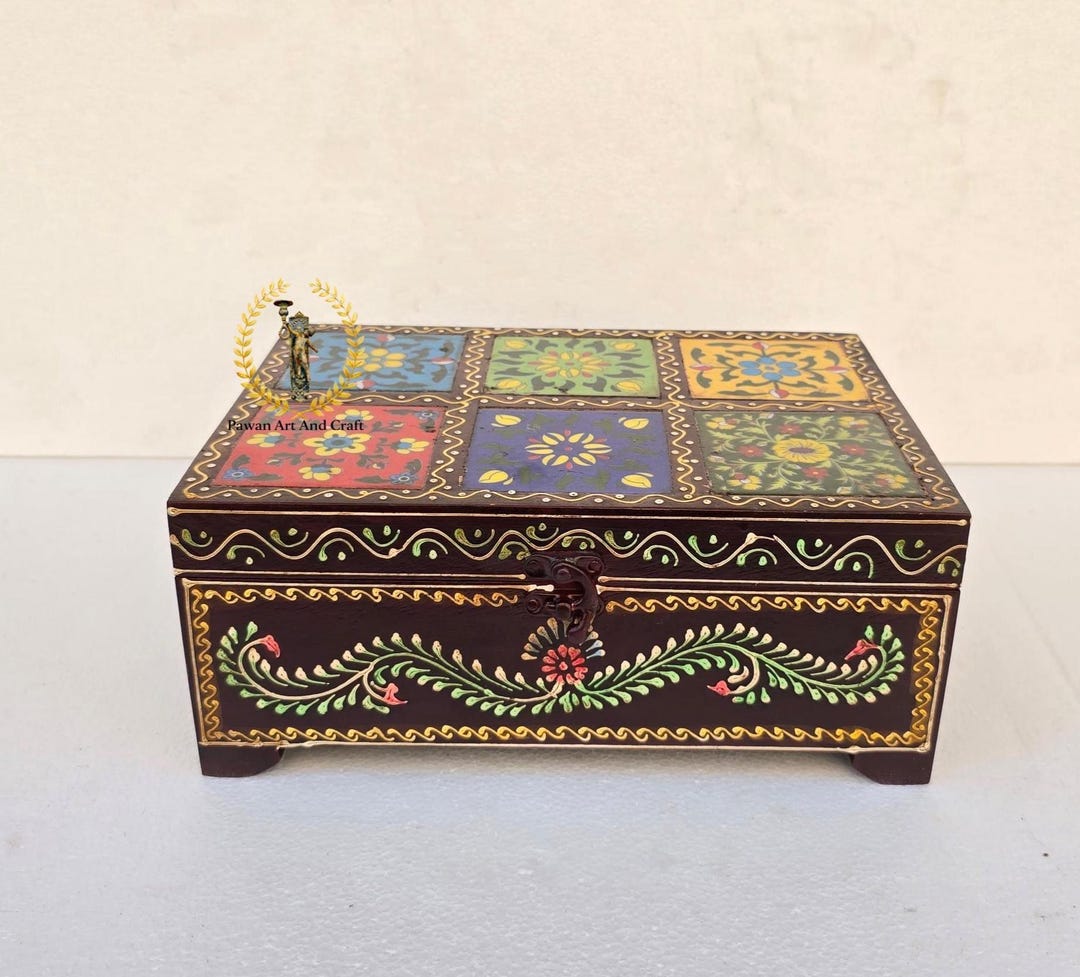 Handmade Wood Jewelry Box: Indian Tile Decor, Wooden Storage Chest Hand ...