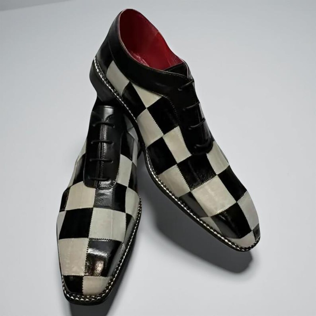 Handmade Men Black and White Leather Check Square Design Office Shoes ...