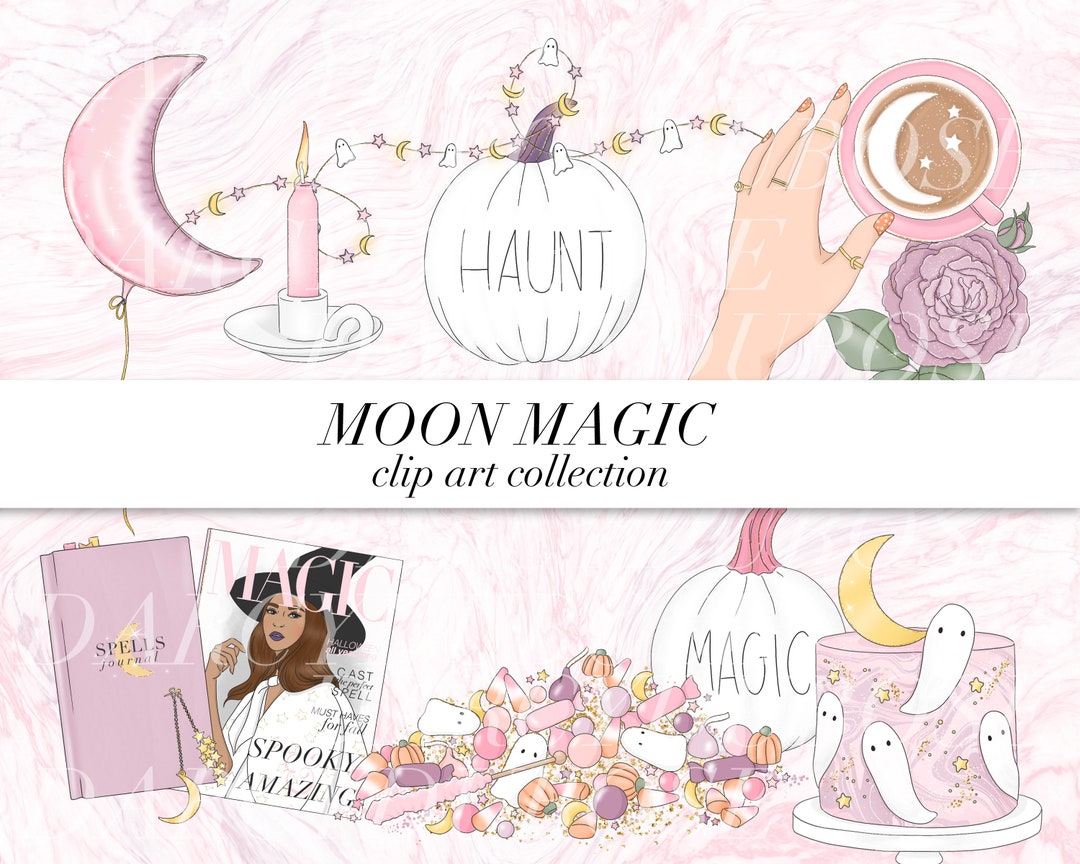 Moon Magic CLIP ART W LICENSE Halloween Pink Witches Spooky Pastel ...