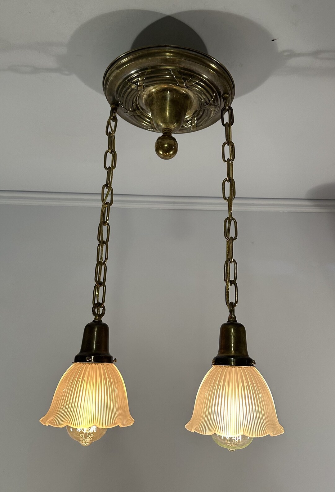 Antique Vintage Ribbon & Reed Motif Light Fixture Holophane Shades ...