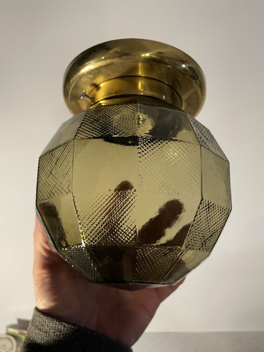 Vintage Retro 3 1/4" Fitter Smoke Glass W/ Checker Pattern Brass Light ...