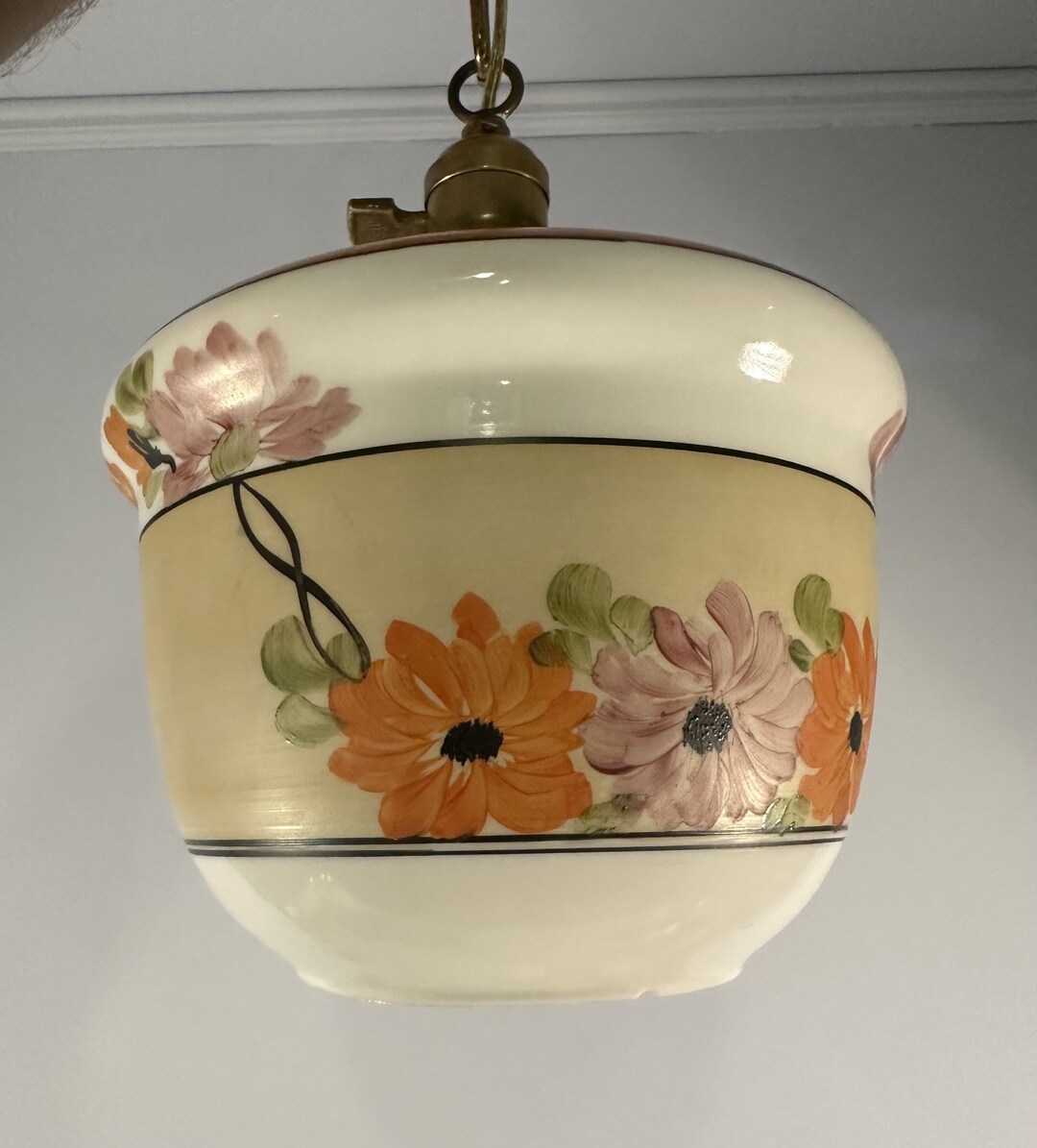 Antique Vintage Chain Pendant Light Fixture Hand Painted Shade Rewired ...