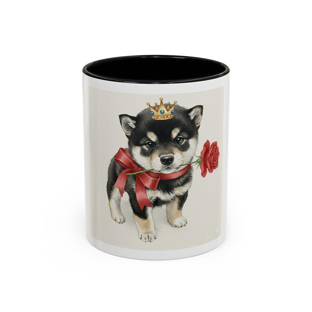 Mameshiba Puppy With Crown and Rose Mug | Accent Coffee Mug 11oz/15oz ...