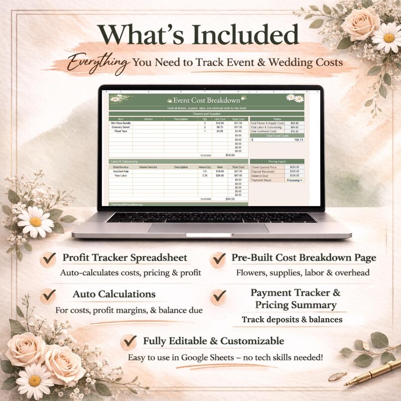 Florist Event Profit Tracker | Event Cost & Pricing Spreadsheet ...