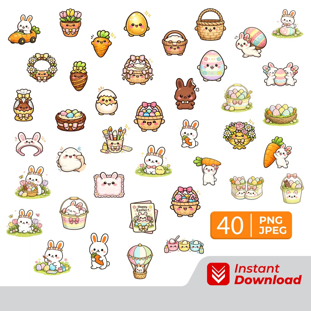 Kawaii Easter Digital Stickers Bundle PNG JPG Cute Bunny Easter Clipart ...