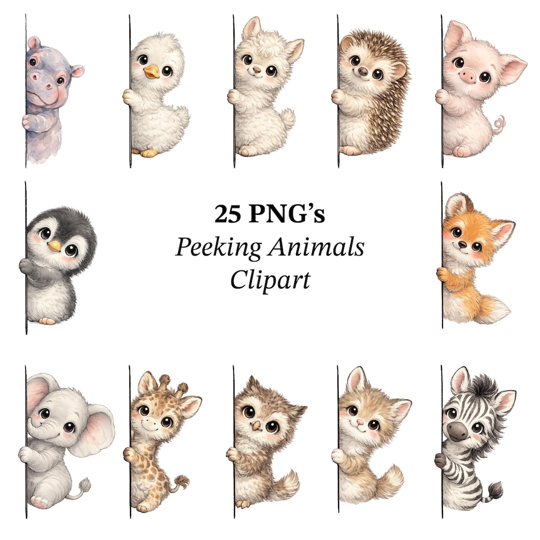 Peeking Animals Clipart PNG | Cute Watercolor Baby Animals Peeking ...