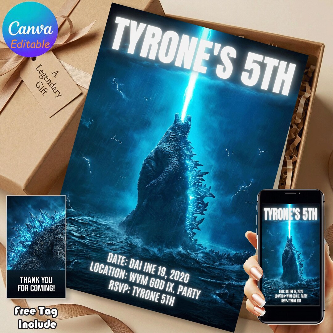Godzilla Birthday Invitation, Editable Monster Party Invite, Cinematic ...