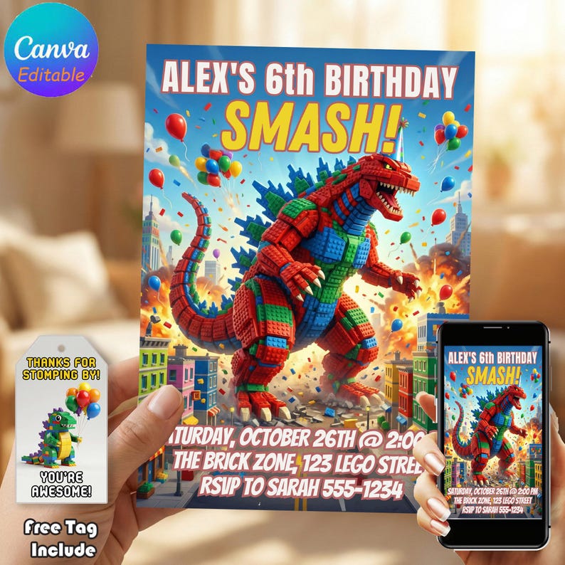 Kaiju Monster Birthday Invitation | Building Blocks Party Invite ...