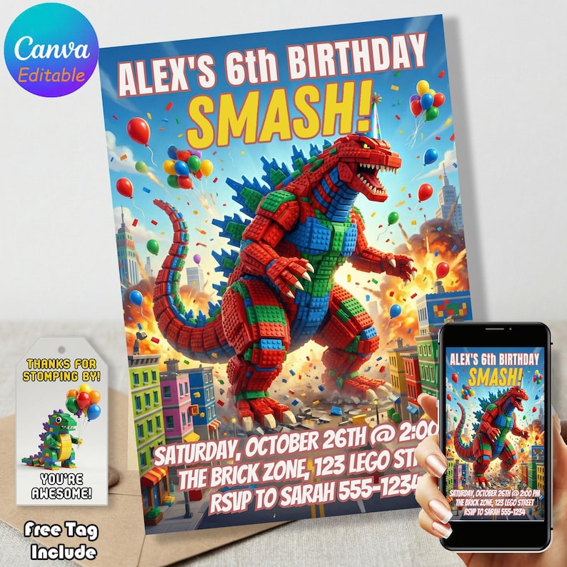 Kaiju Monster Birthday Invitation | Building Blocks Party Invite ...