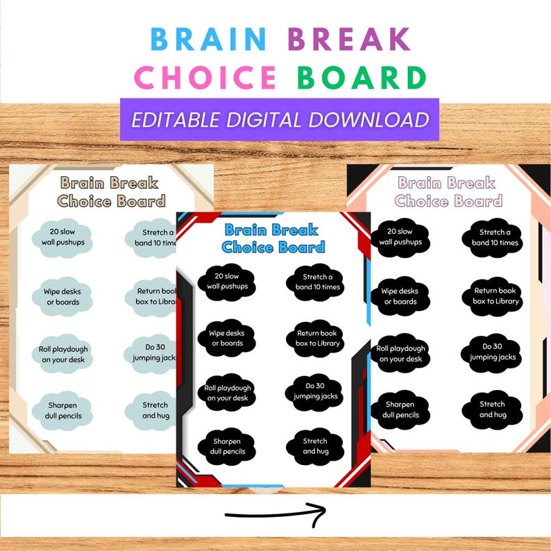 Editable Brain Break Choice Board | Calm Down Chart | ADHD Regulation ...