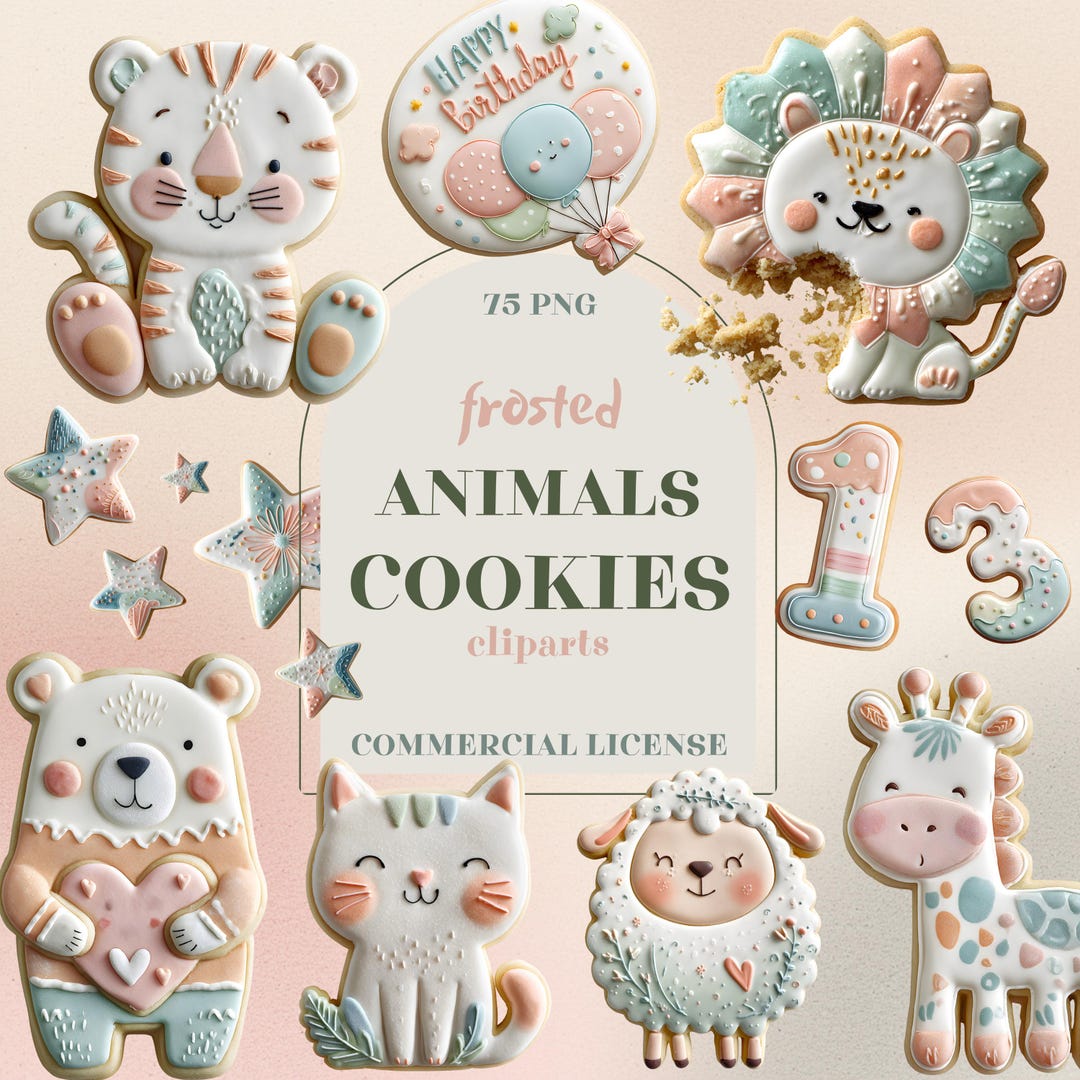 Frosted Animal Cookie Clipart, 75 PNG Baby Safari & Birthday Cookies ...