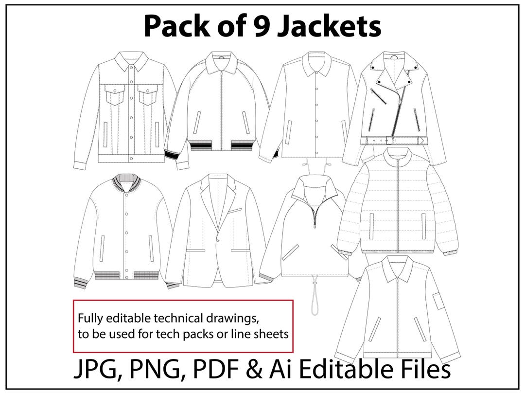 Jackets Fashion Flats: Technical Drawings, Clothing Mockups (9 Pack ...