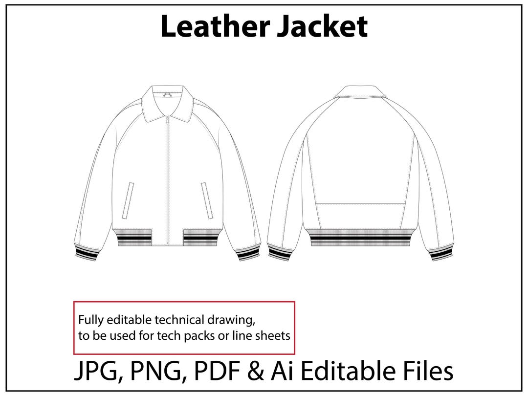 Leather Jacket Technical Drawing: Vector Fashion Flat (digital Download ...