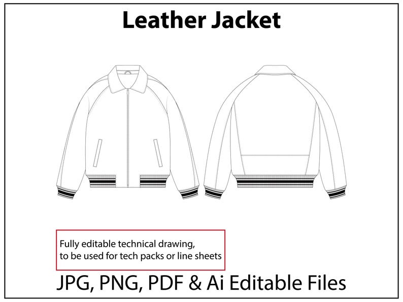 Leather Jacket Technical Drawing: Vector Fashion Flat (digital Download ...