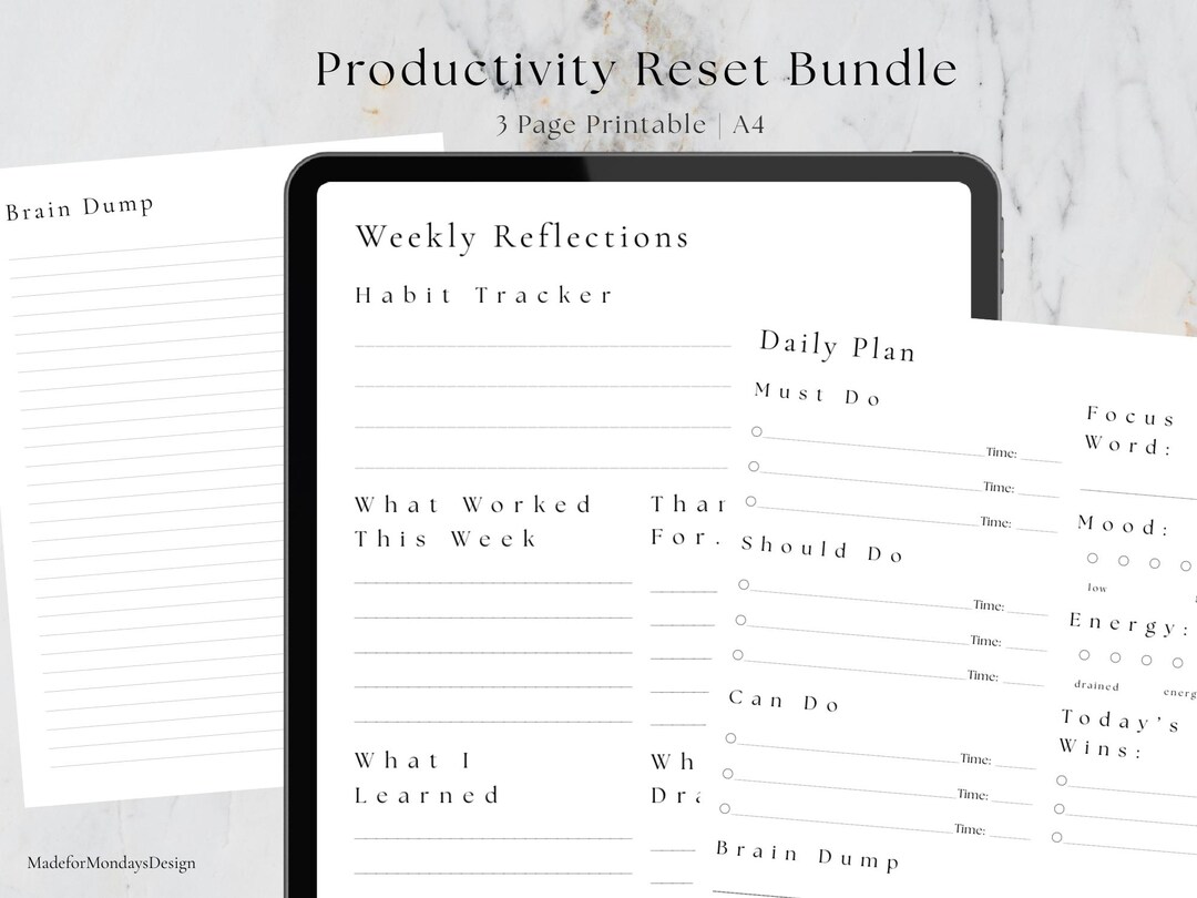 A4 Weekly Reflection, Brain Dump & Daily Planner Printable | Minimal ...