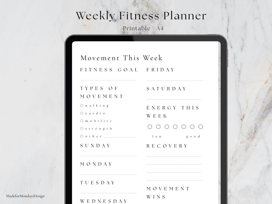 A4 Weekly Fitness Tracker Printable | Movement Planner Page | Minimal ...