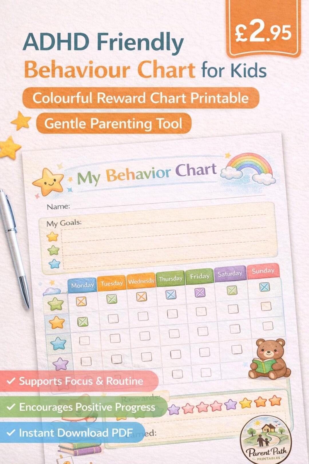ADHD Friendly Behaviour Chart for Kids | Colourful Reward Chart ...