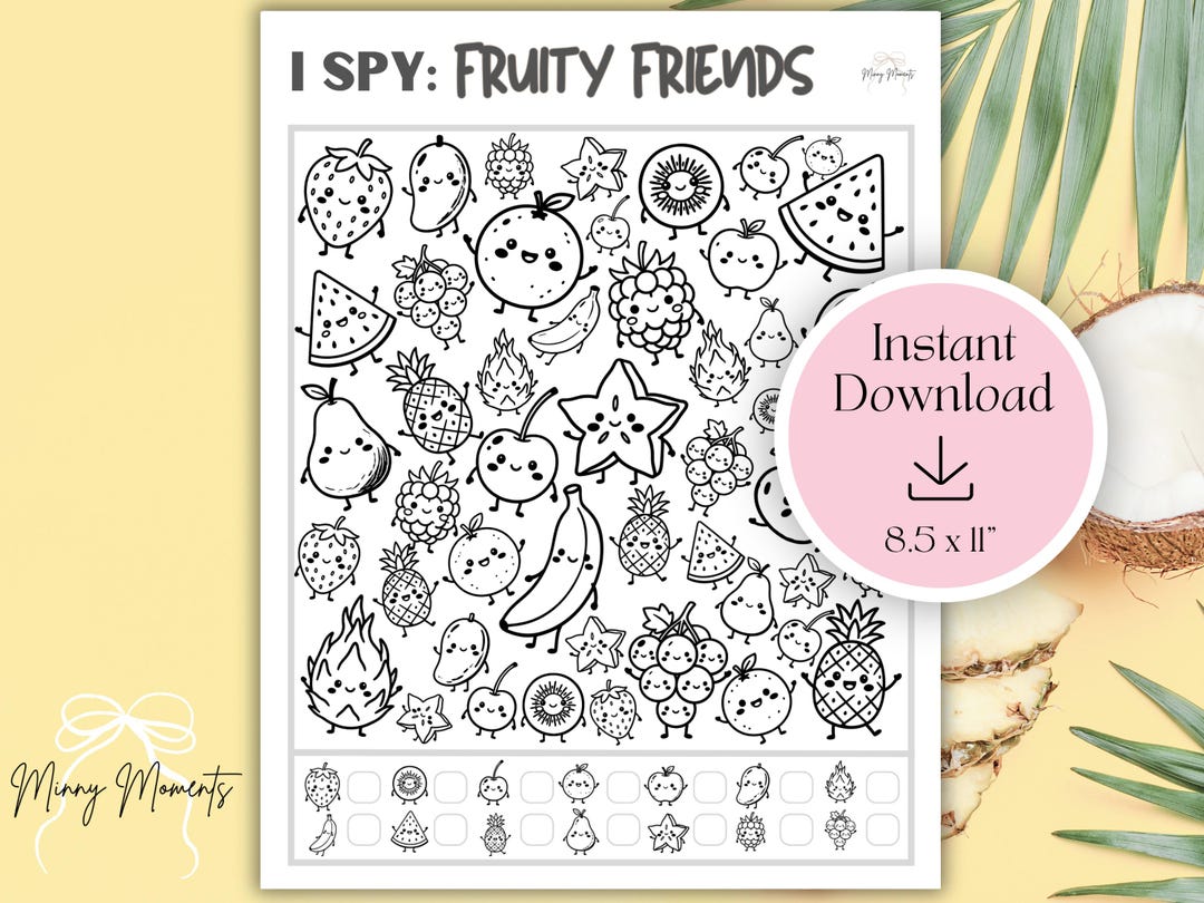 Fruity Friends I Spy Coloring Page, Kids Fruit Activity Sheet (PDF ...