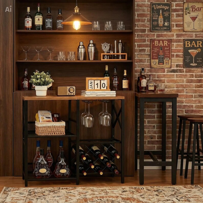 Rustic Bar Cabinet With Wine Rack & Glass Holder - Etsy