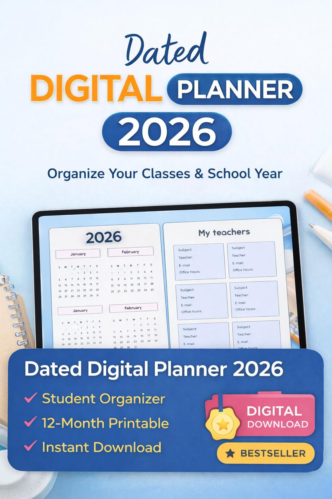 Dated Digital Planner 2026 - Student Organizer for Classes & School ...