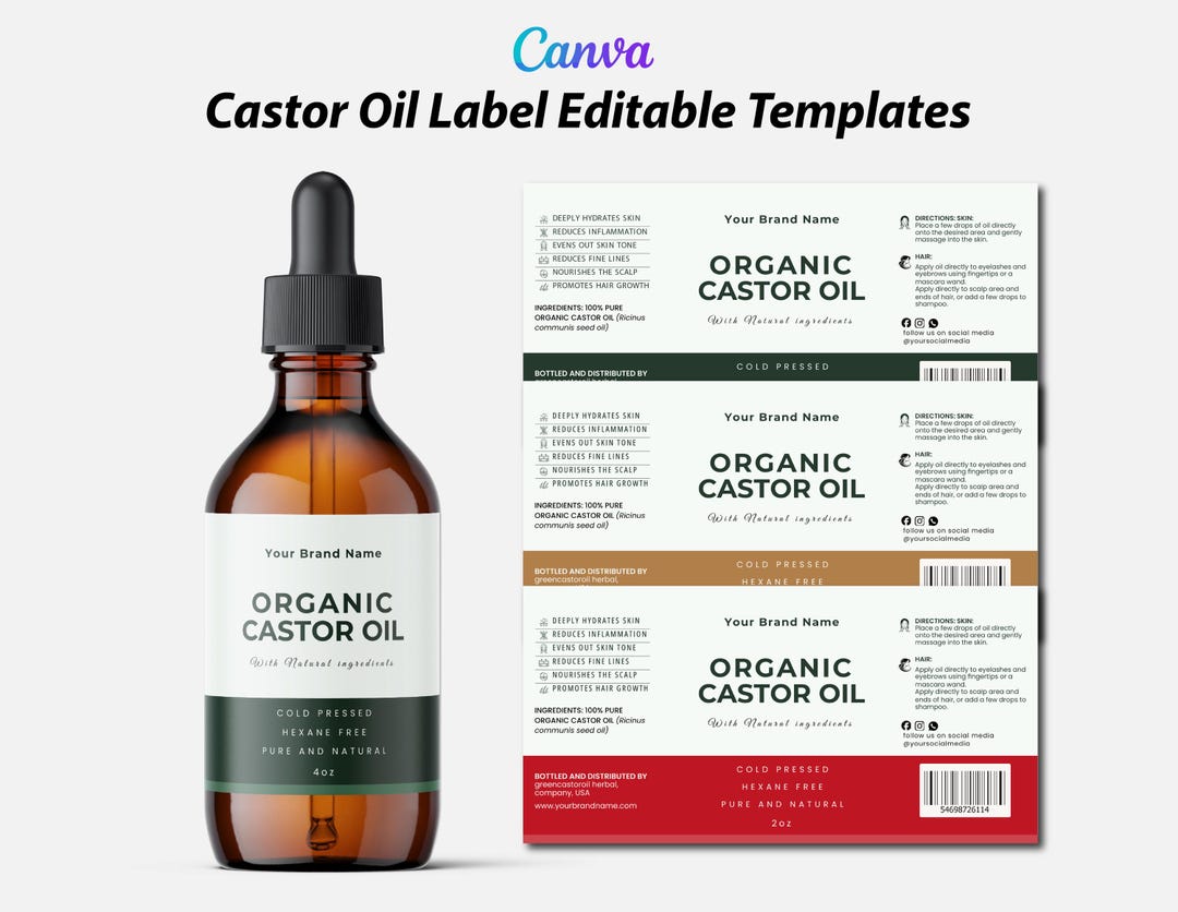 Editable Castor Oil Bottle Label Template, Canva, 3 Sizes (digital ...