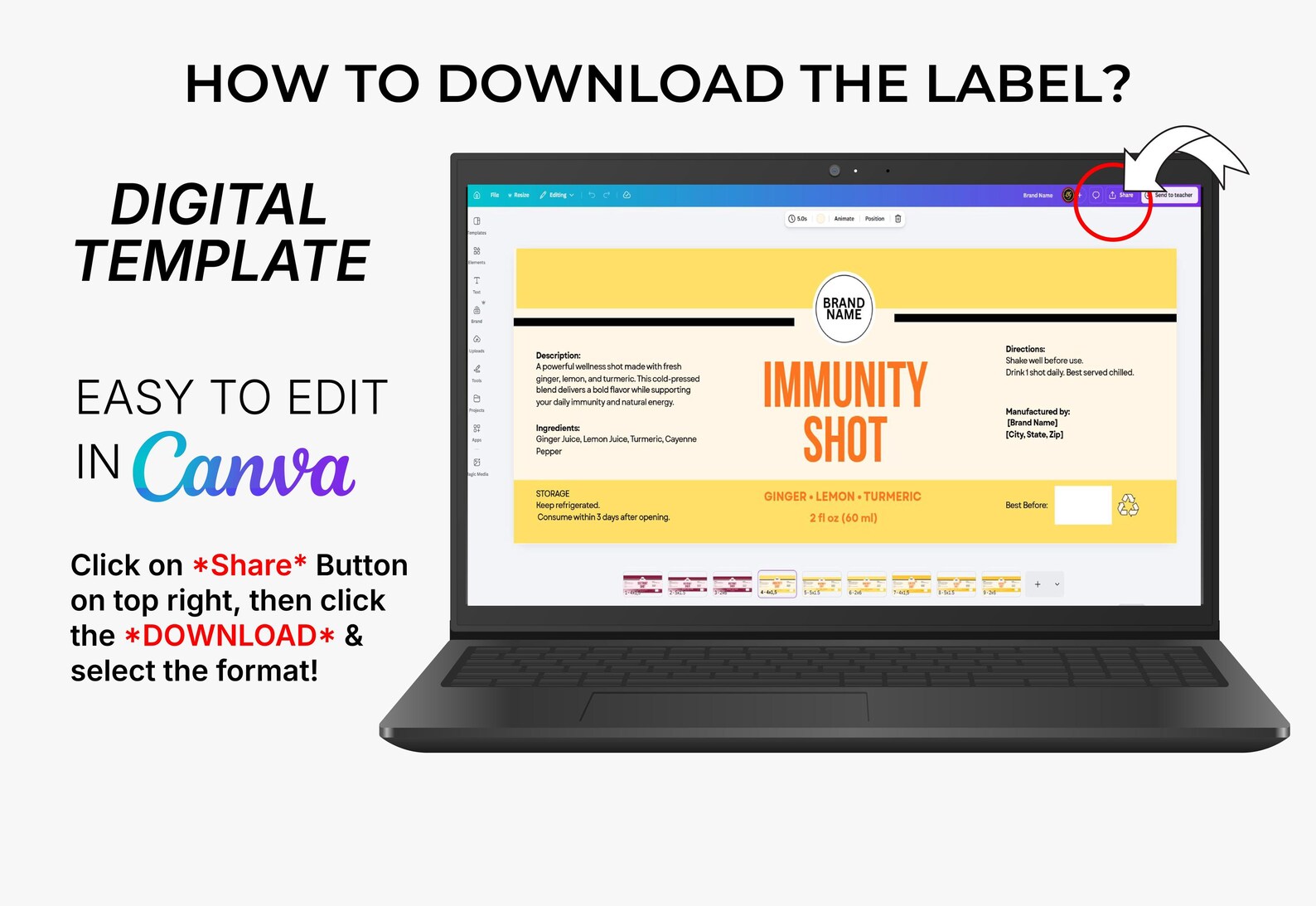 Wellness Shot Label Template Canva | Ginger, Turmeric, Immunity Juice ...