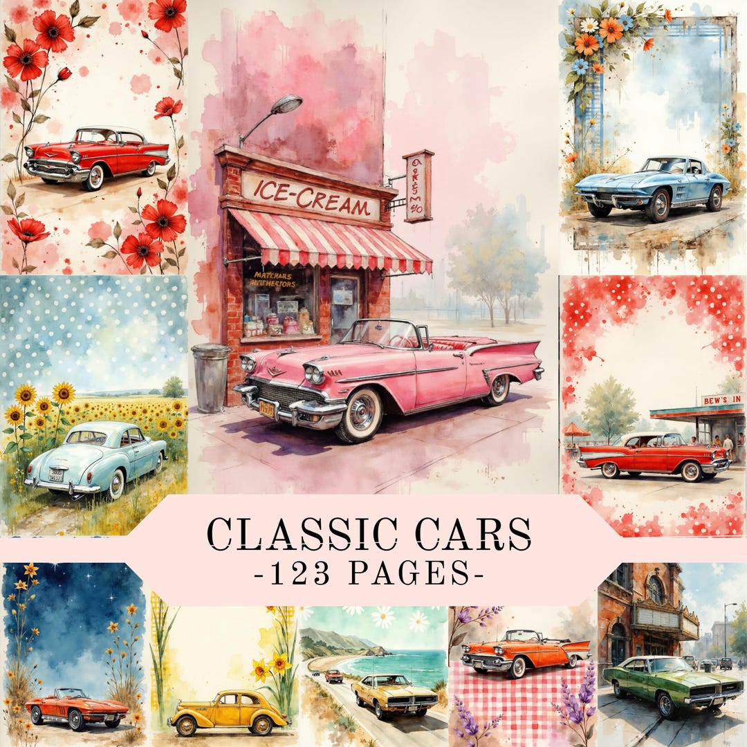 Classic Car Junk Journal Pages: Retro America, Watercolor Nostalgic ...