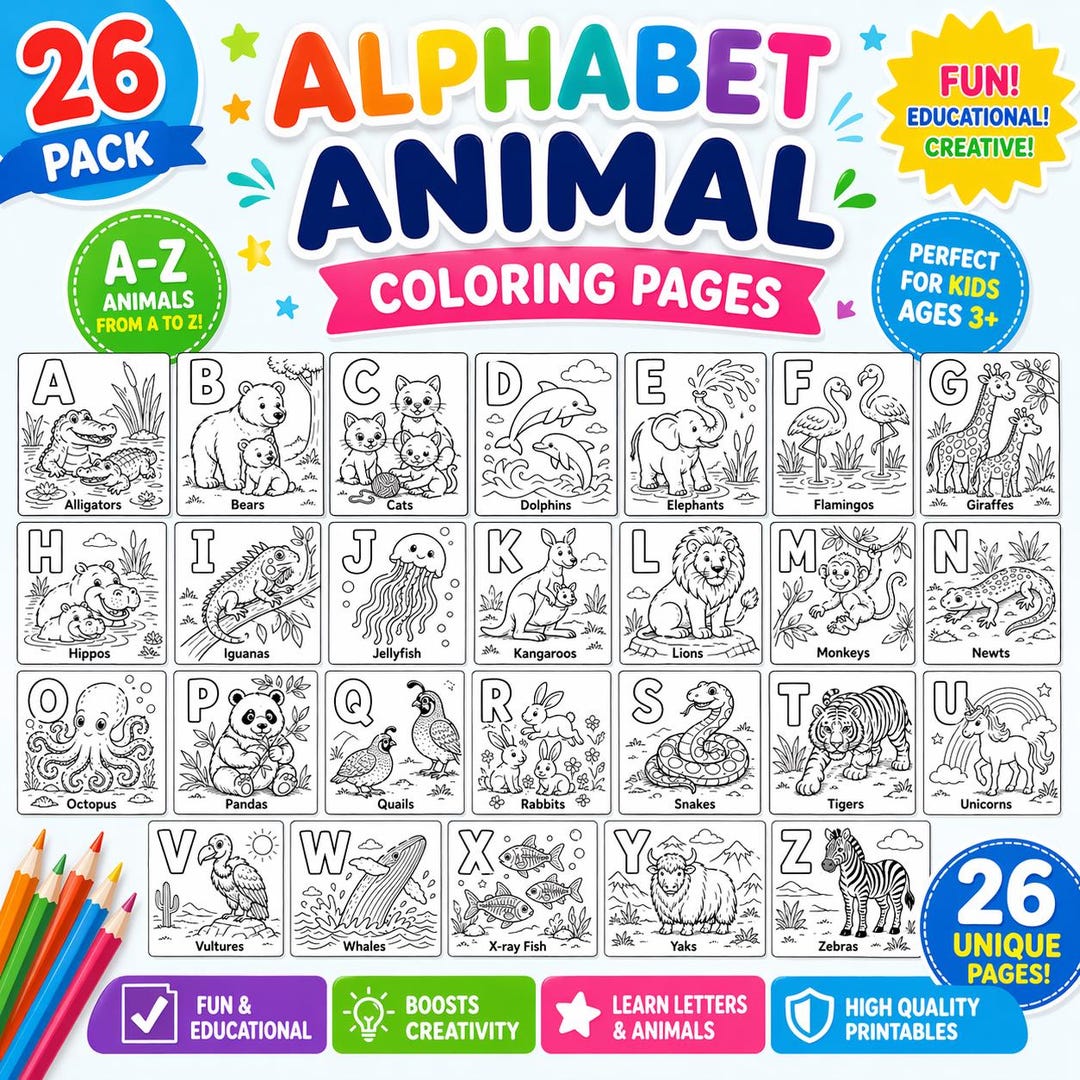 Animal Alphabet Coloring Pages Printable PDF | Kawaii Learning Coloring ...