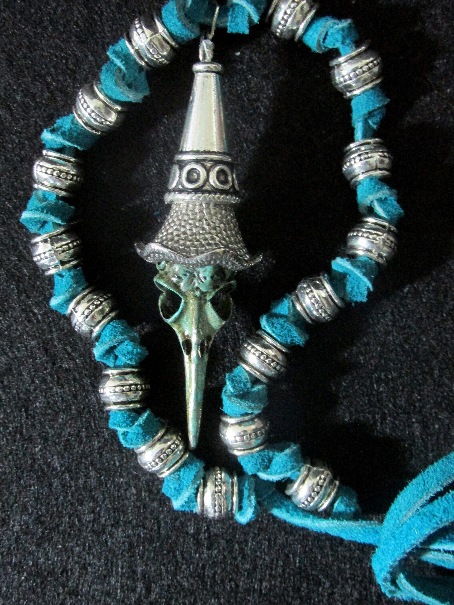 Unusual Mystical Dark Creation BIRD SKULL PENDANT Teal Suede Spooky ...