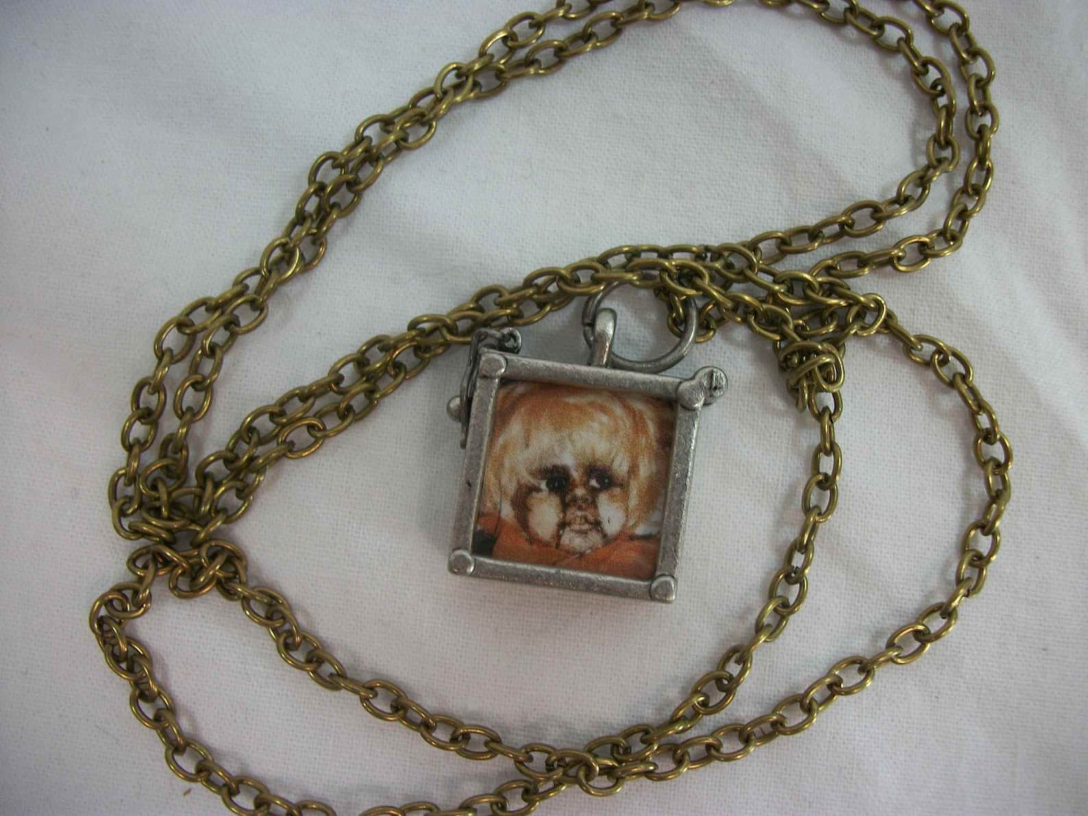 Creepy Doll Photo Jewelry Pendant Glass Metal Two Sided Scary Odd Funny ...