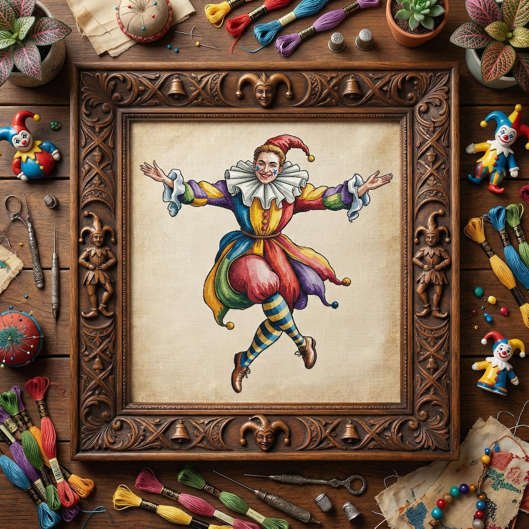 Dancing Jester Cross Stitch Pattern: Colorful Carnival Character ...