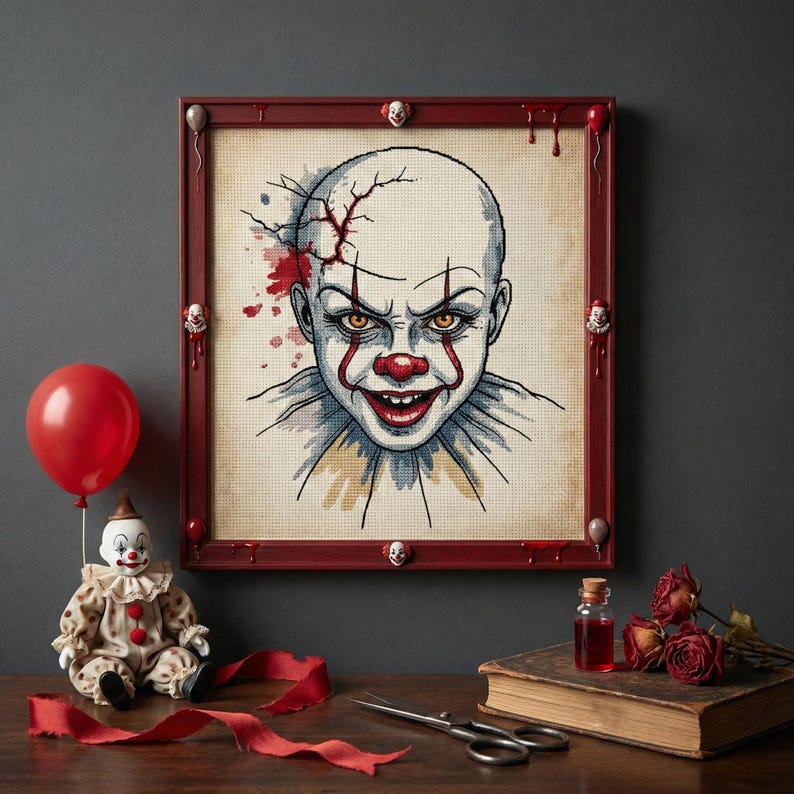 Creepy Clown Face Cross Stitch Pattern: Dark Horror Portrait ...