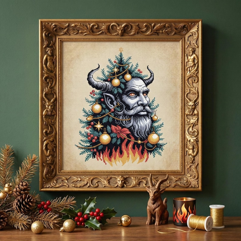 Krampus Christmas Cross Stitch Pattern: Gothic Holiday Devil Portrait ...