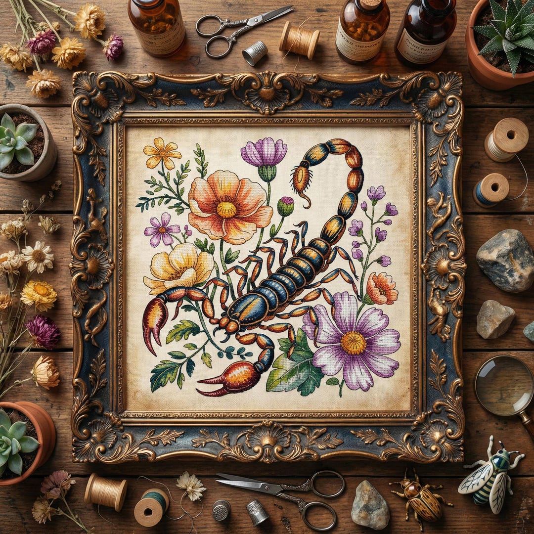 Floral Scorpion Cross Stitch Pattern: Botanical Insect Art – Embroidery ...