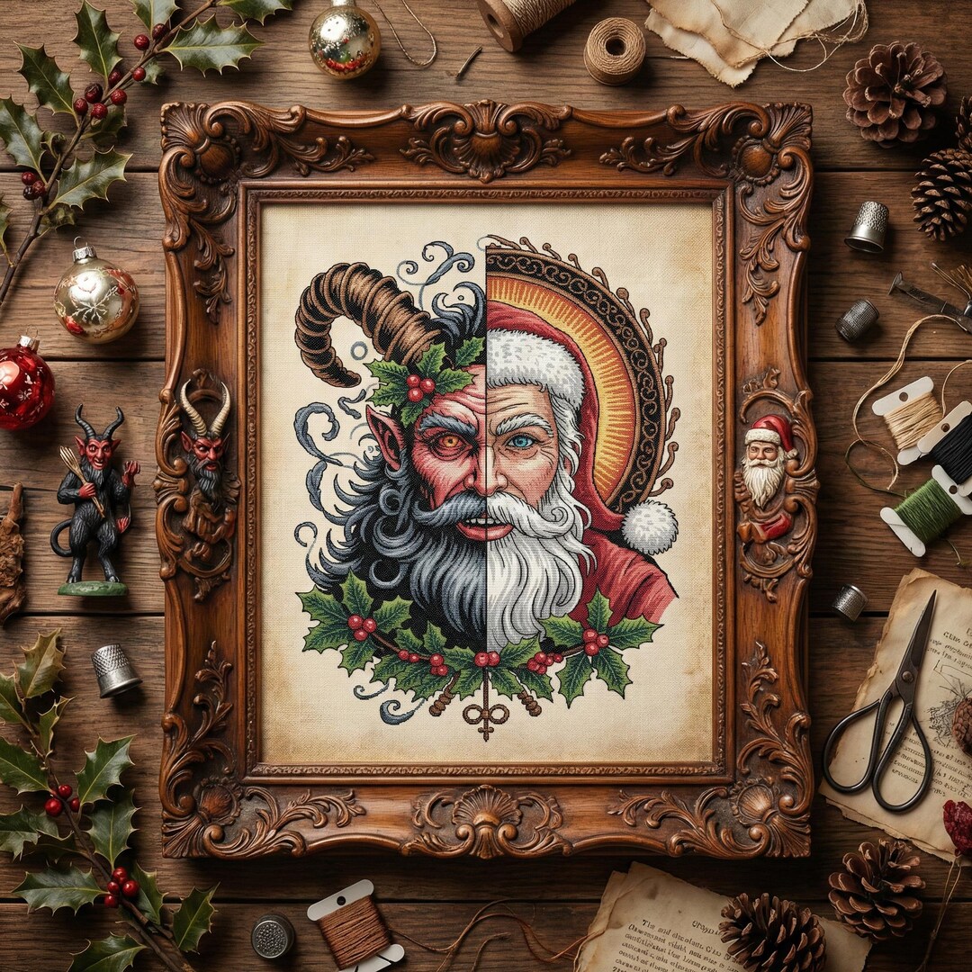 Krampus & Santa Split Face Cross Stitch Pattern: Christmas Gothic ...
