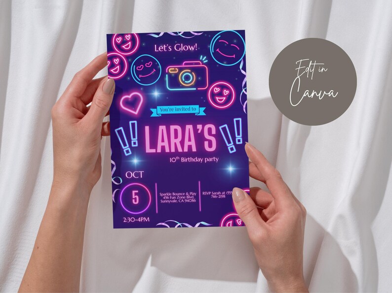 Neon Birthday Party Invitation Template | Kids Glow Theme Invite ...