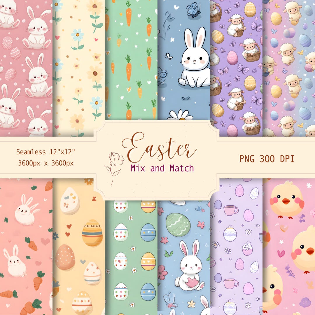 Easter Digital Paper Bundle | Bunny Egg Sheep Pastel Seamless Pattern ...