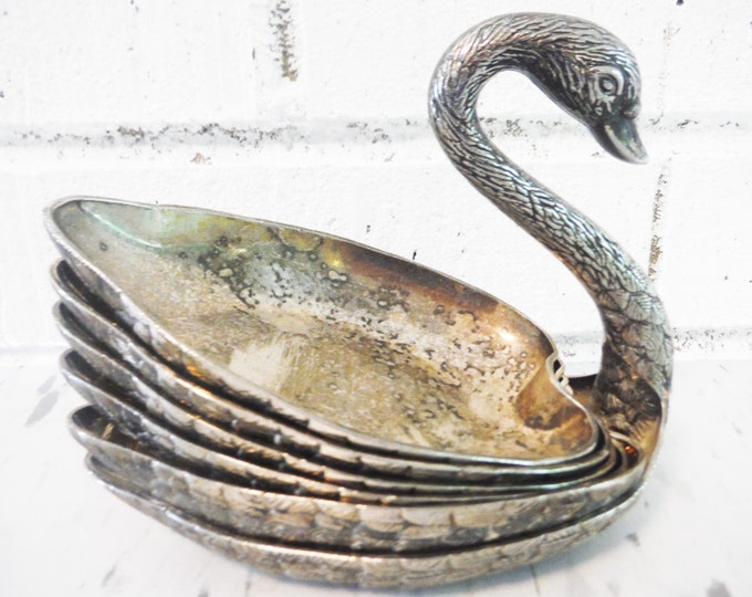 Vintage Nut Dishes Swan Silver Plate Party Decor Stacking Bird Fancy ...