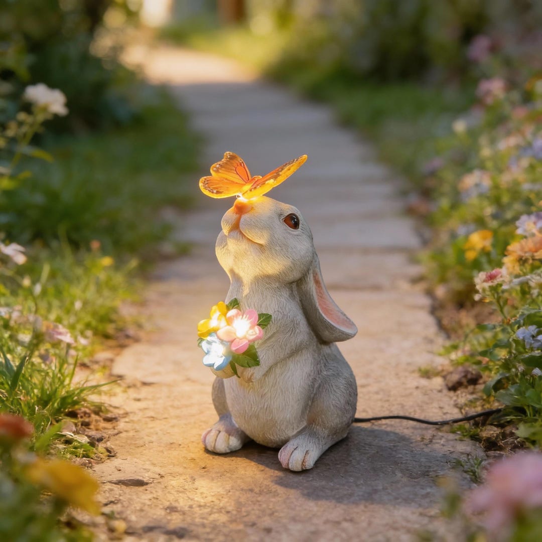 Solar Rabbit Garden Statue With Butterfly Light – Outdoor Decor - Etsy