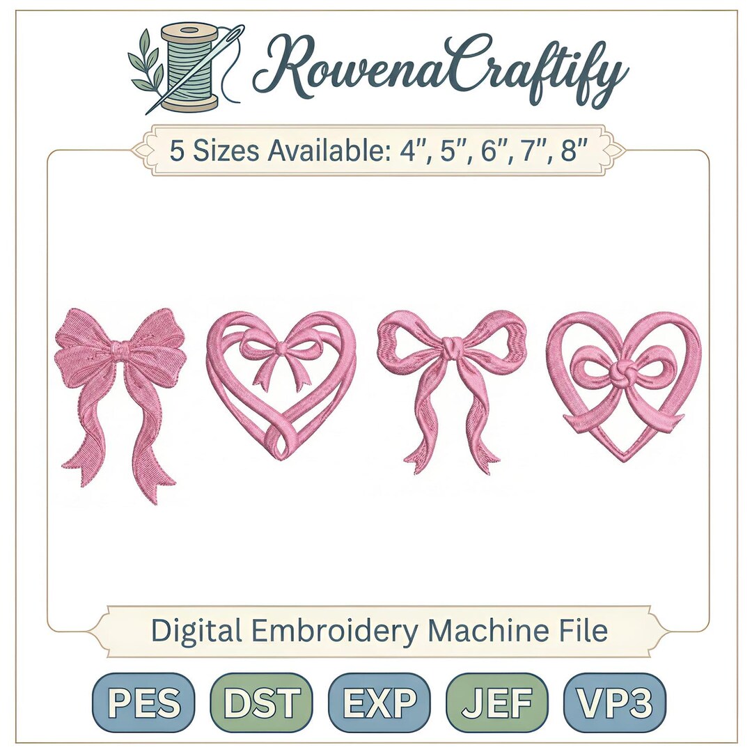 Coquette Pink Bow Embroidery Design, Heart Ribbon Machine Embroidery ...