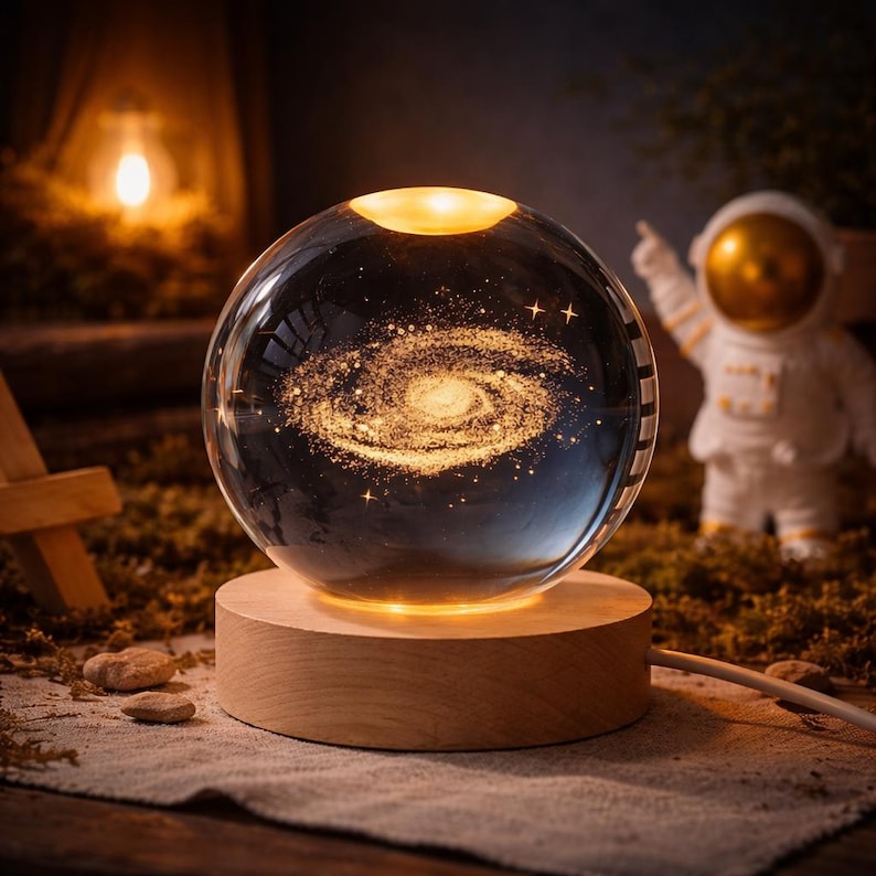 Crystal Solar System Lamp — LED Night Light on Wooden Base — Space ...