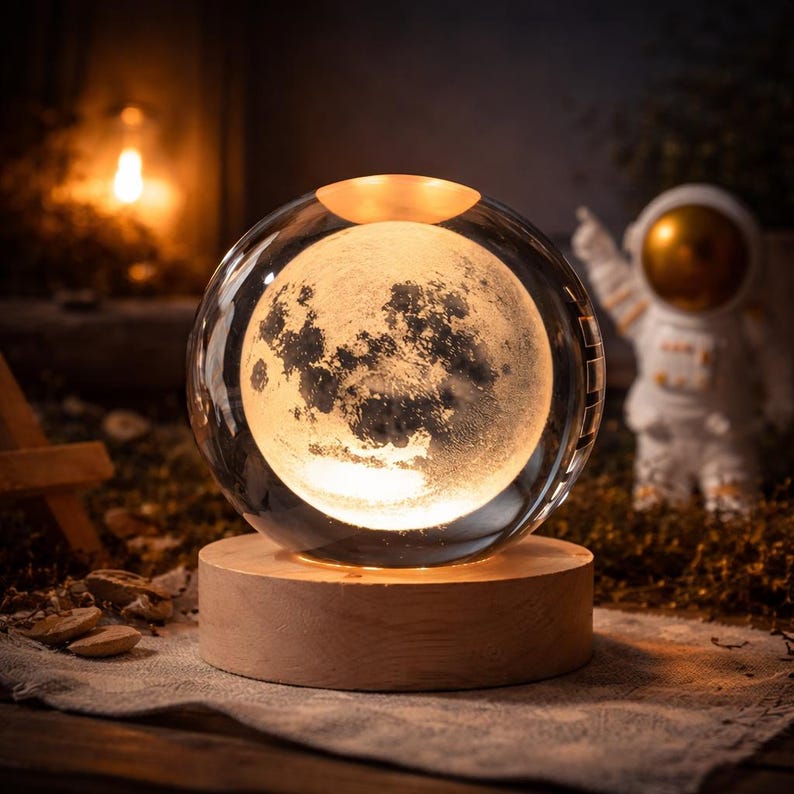 Crystal Solar System Lamp — LED Night Light on Wooden Base — Space ...