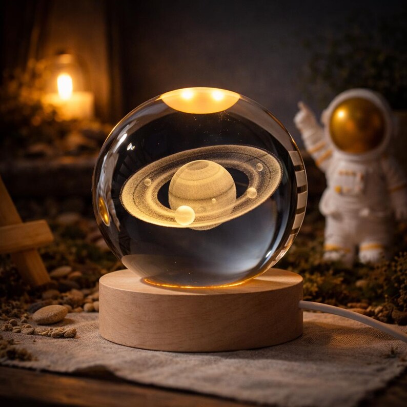 Crystal Solar System Lamp — LED Night Light on Wooden Base — Space ...