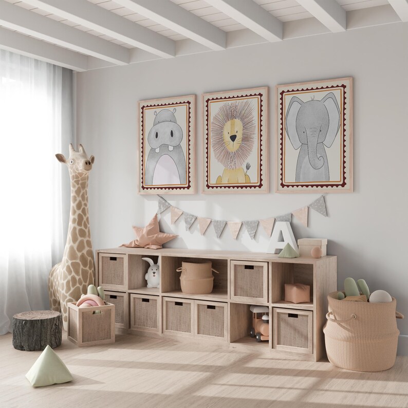 Modern Safari Boho Nursery Wall Art Prints, Hand-drawn Newborn Baby ...