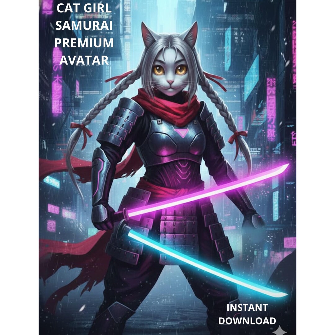 Cyberpunk Cat Girl Samurai Cat Avatar - Neon Pink Cyan Twitch Mascot ...