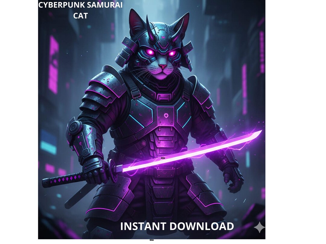 Cyberpunk Samurai Cat Avatar - Neon Purple Blue Twitch Mascot - Gamer ...